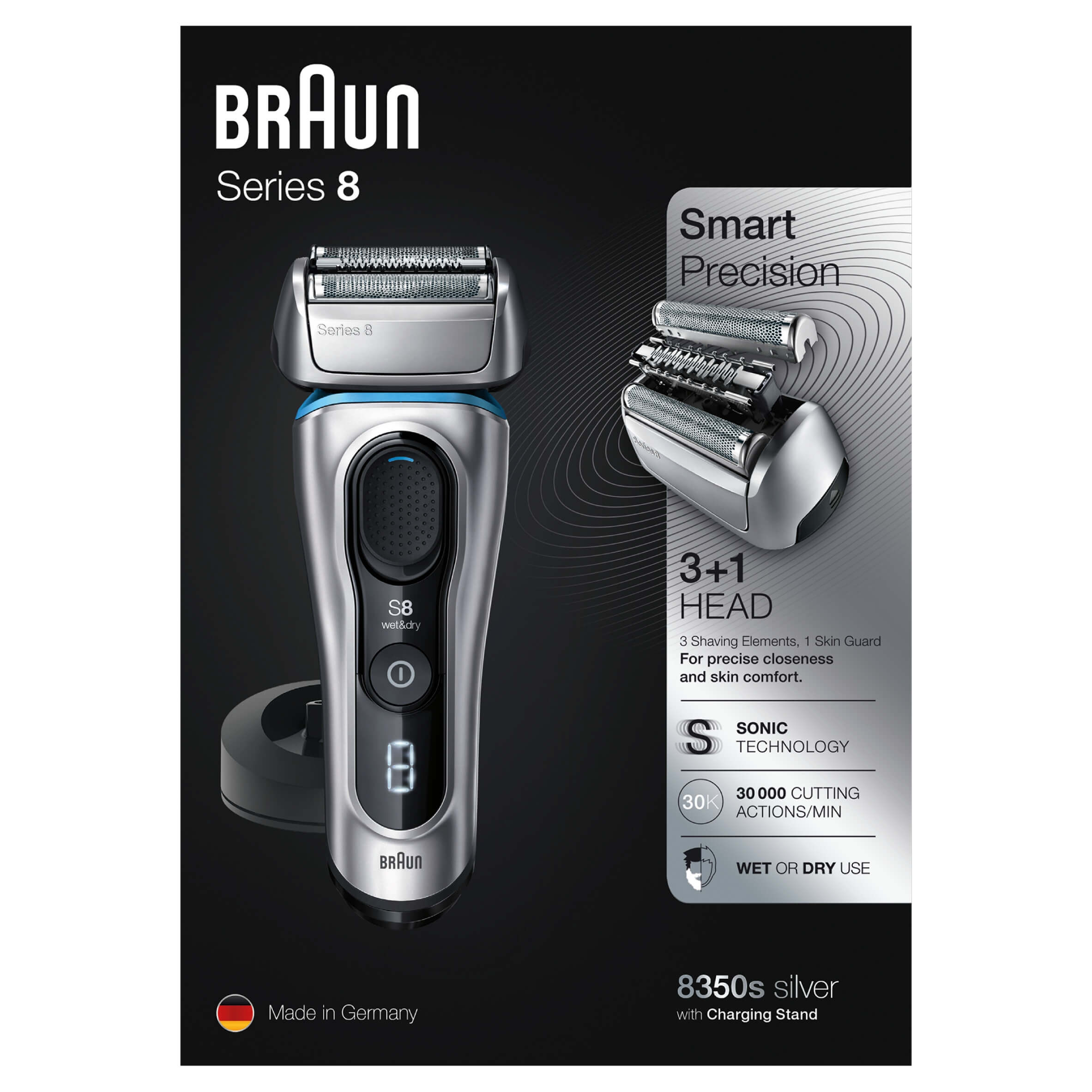 Braun Series 8 8350s Electric Shaver, Charging Stand, Silver | Mashco